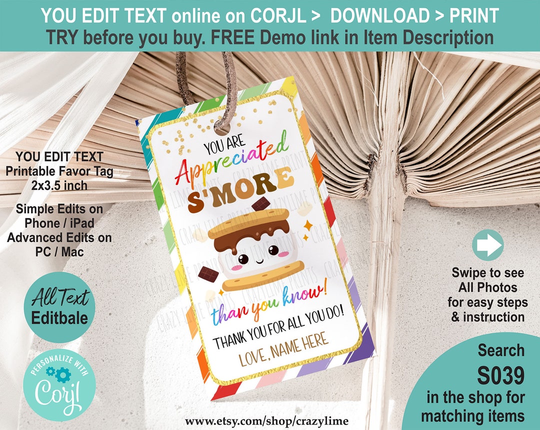 EDITABLE S'mores Gift Tag. Teacher Appreciation Last Day of School. You ...