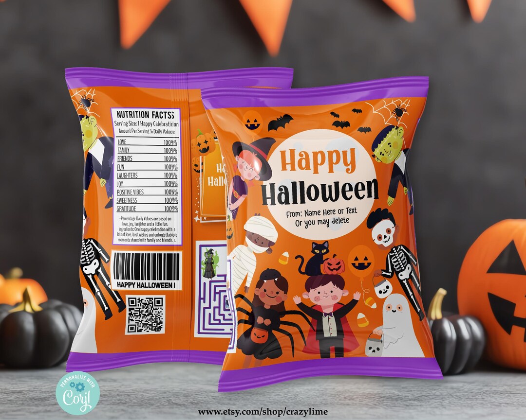 EDITABLE Halloween Chip Bag Wrapper. Kid Costume Party Favors Candy ...