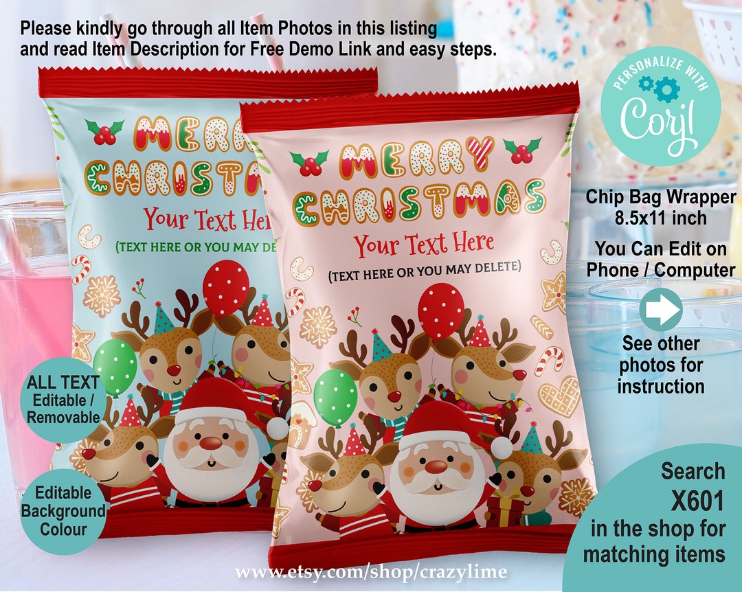 EDITABLE Christmas Chip Bag Wrapper Template. Personalised Holiday ...
