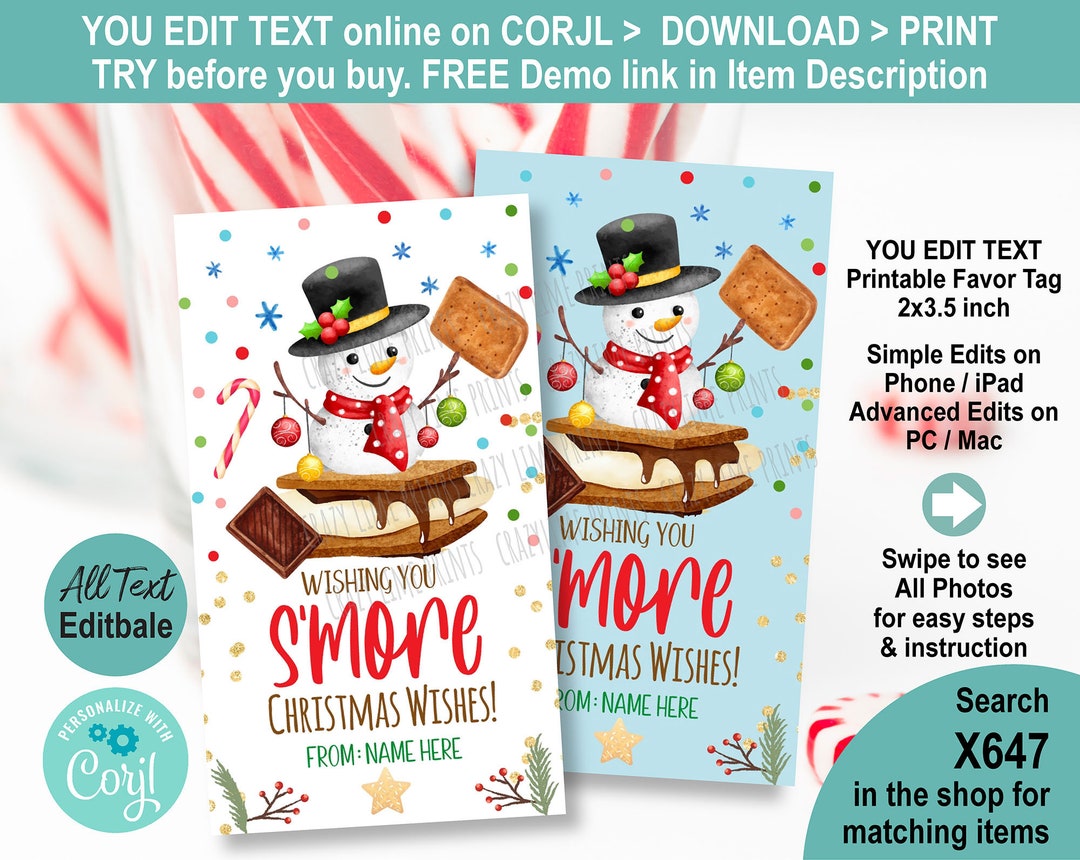 EDITABLE Christmas S'more Gift Tag. Kid Marshmallow Candy Treat Label ...