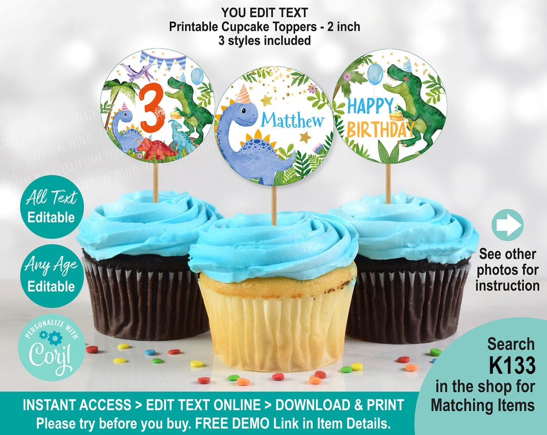 EDITABLE Dinosaur Birthday Party Cupcake Toppers. Personalised Cute ...