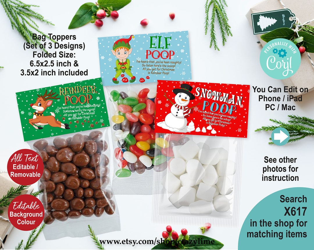 EDITABLE Reindeer Poop, Elf Poop & Snowman Poop Treat Bag Topper ...