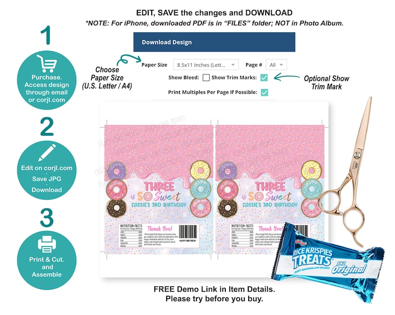 EDITABLE Donut Three is so Sweet 3rd Birthday Party Favors - Etsy