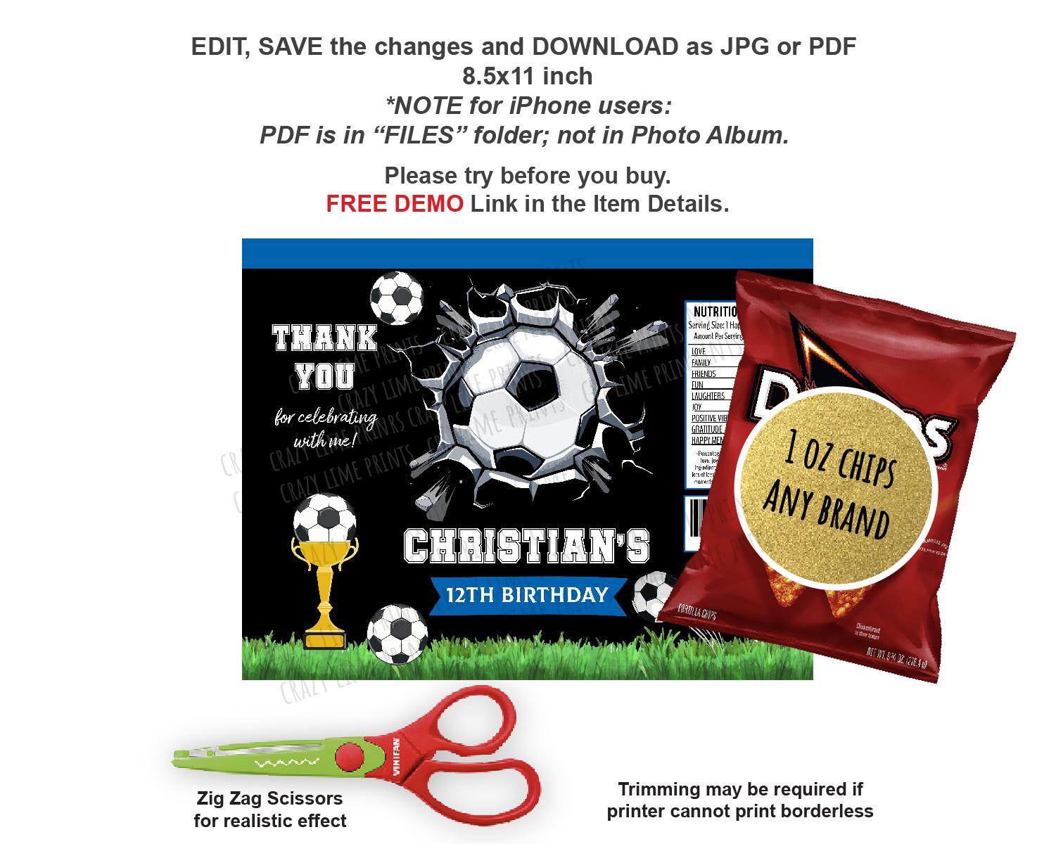 EDITABLE Football Chip Bag Wrapper. Kid Soccer Birthday Party Favors ...