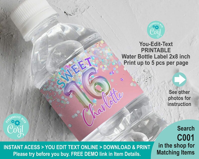 EDITABLE Sweet Sixteen 16th Water Bottle Label Template. - Etsy