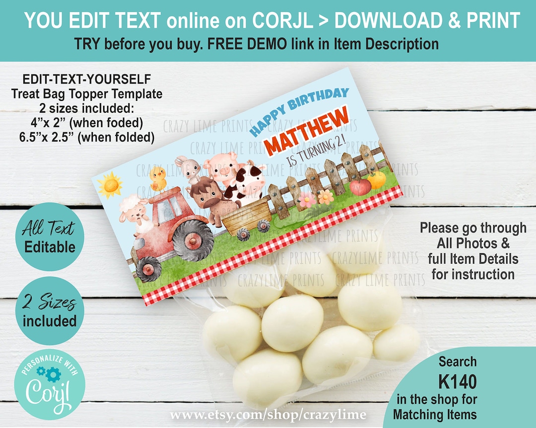 Editable Farm Animals Candy Treat Bag Topper Label Tag. Barnyard Barn ...