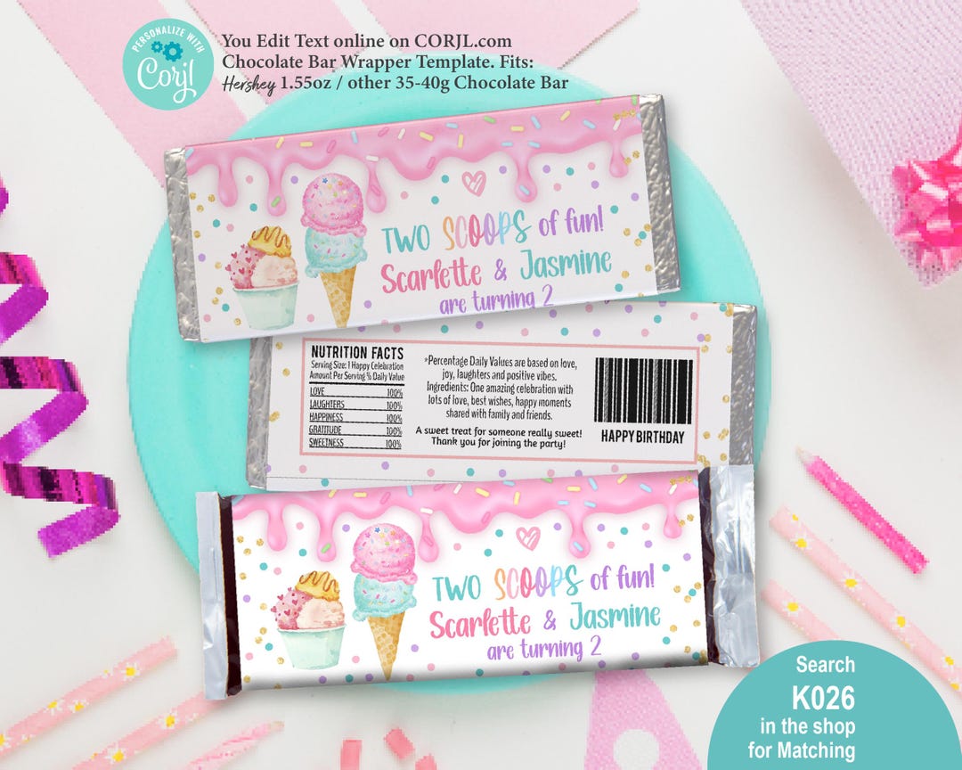 EDITABLE Ice Cream Twins Birthday Candy Bar Wrapper Template. Two 2 ...