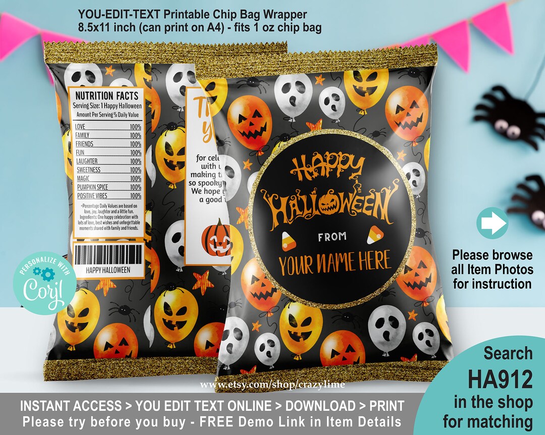EDITABLE Halloween Chip Bag Wrapper Template. Personalised Crisp Candy ...