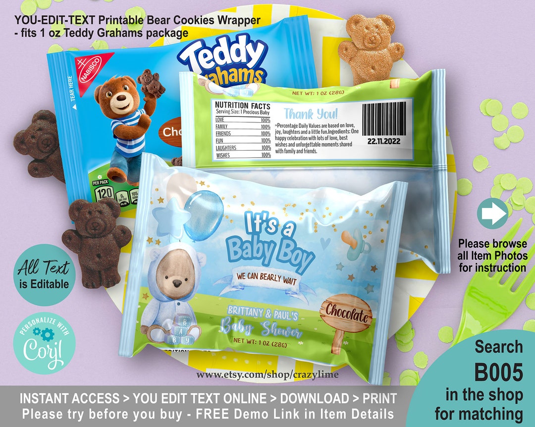 EDITABLE Boy Bear Baby Shower Teddy Cookies Wrapper Template ...