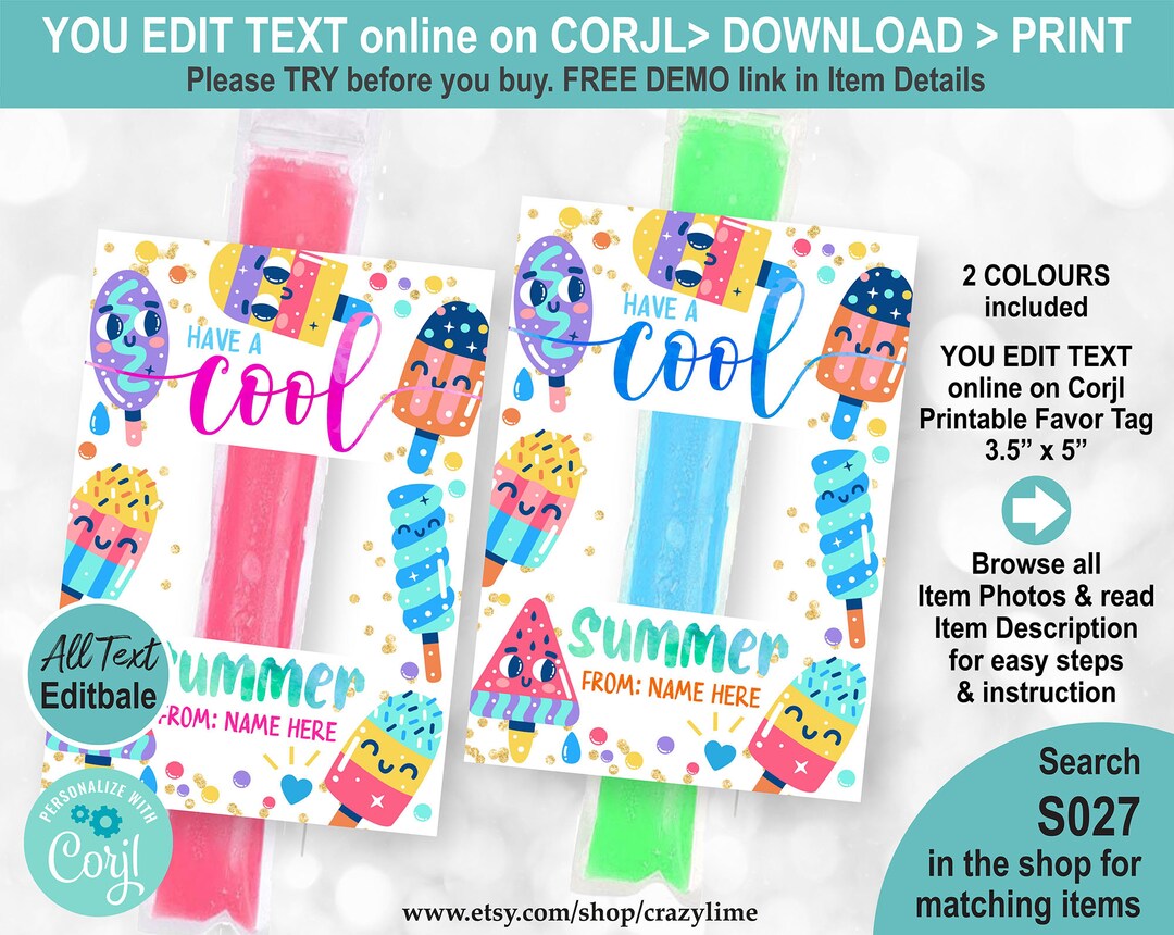 EDITABLE Popsicle Tag Have a Cool Summer. End of School Year Freeze Pop ...