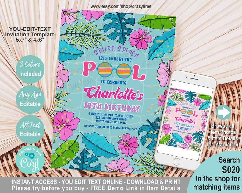 Tropical Pool Party Birthday Invitation. Editable Summer Girl - Etsy