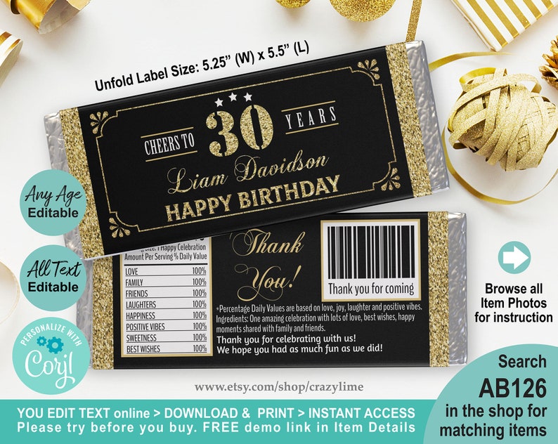 EDITABLE 30th Birthday Chocolate Candy Bar Wrapper Personalised ...