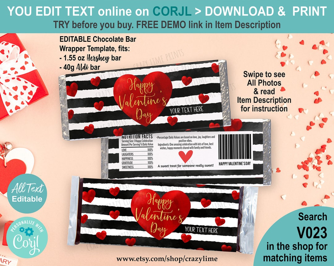 EDITABLE Happy Valentine's Day Chocolate Candy Bar Wrapper Personalised ...
