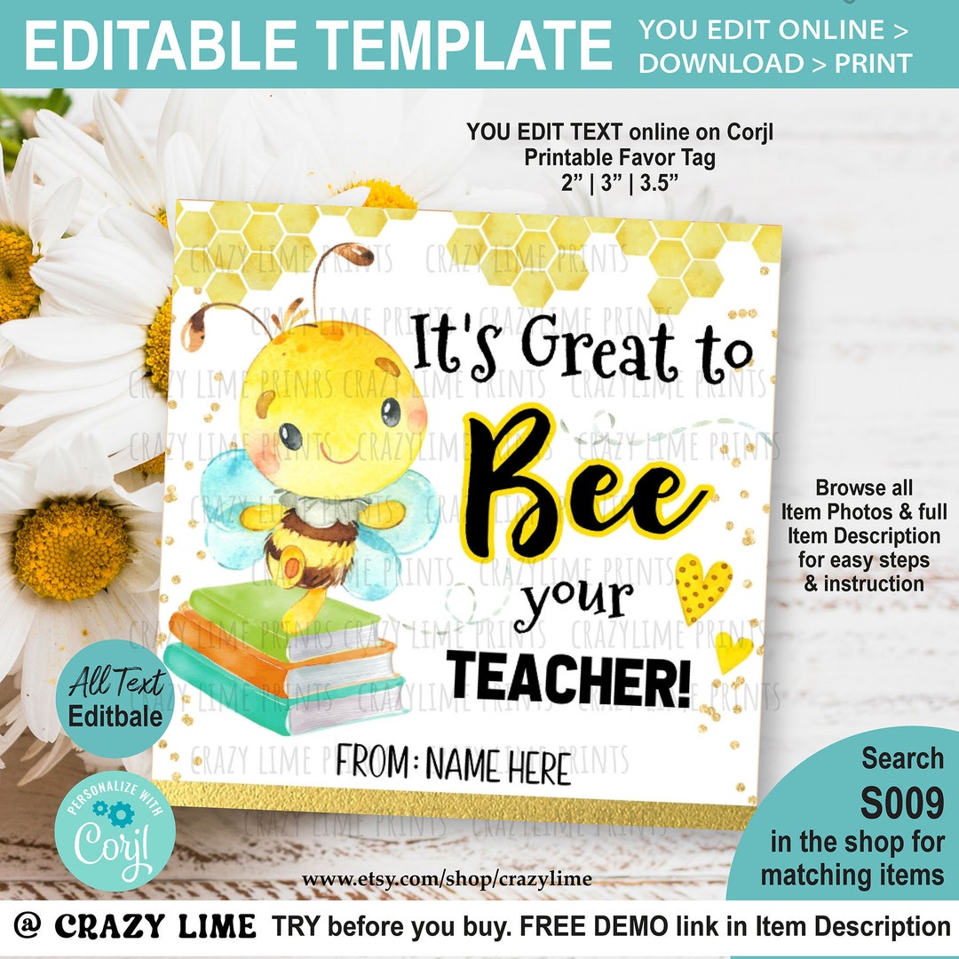 EDITABLE Honey Bee School Teacher Gift Tag Editable Template ...