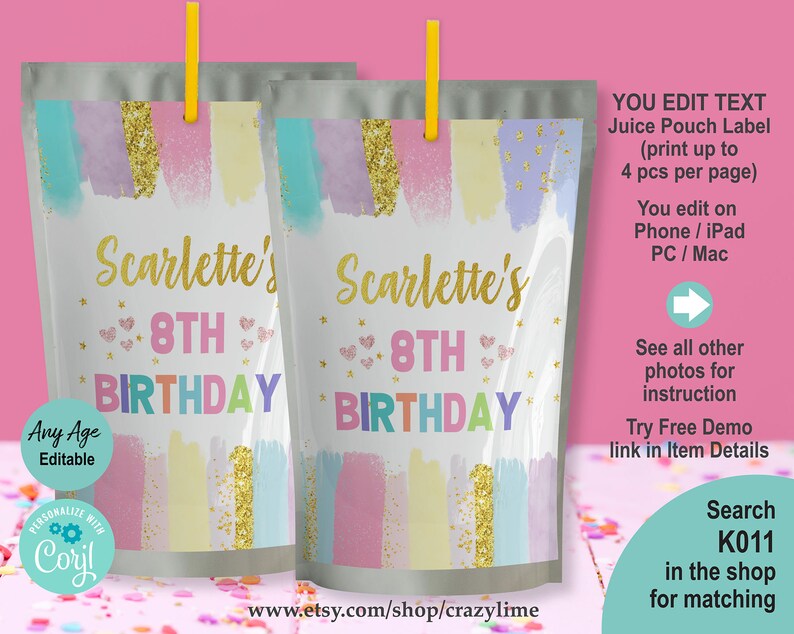 EDITABLE Pastel Art Party Birthday Juice Pouch Label. - Etsy