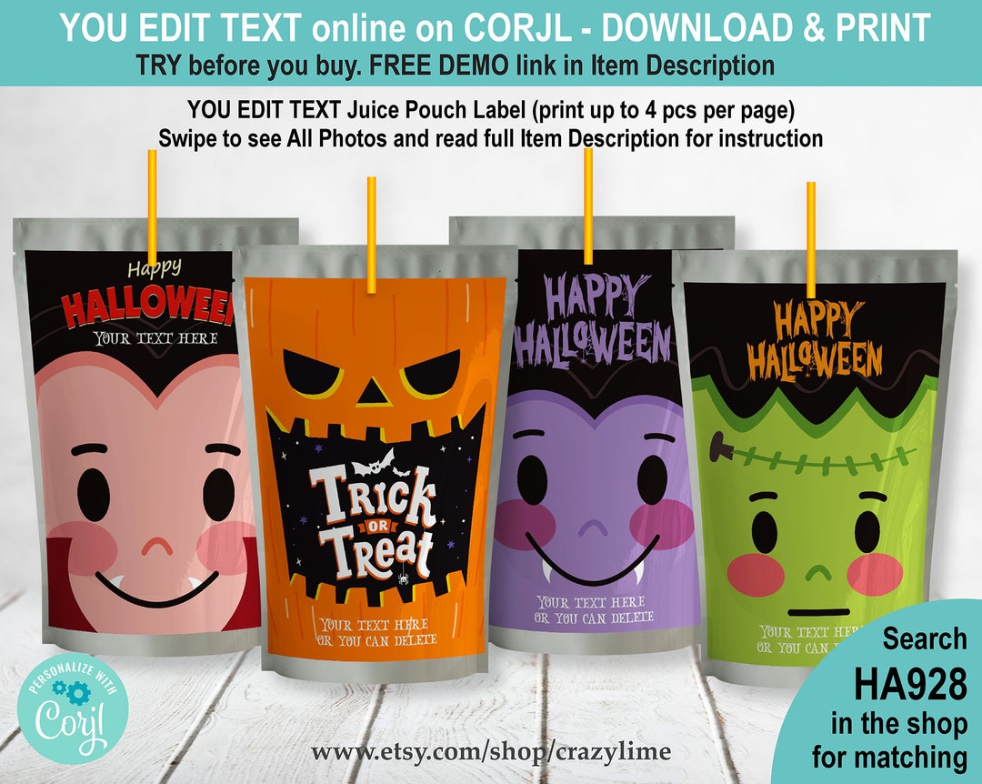 EDITABLE Halloween Juice Pouch Labels Set of 4 Bundle. Printable Juice ...