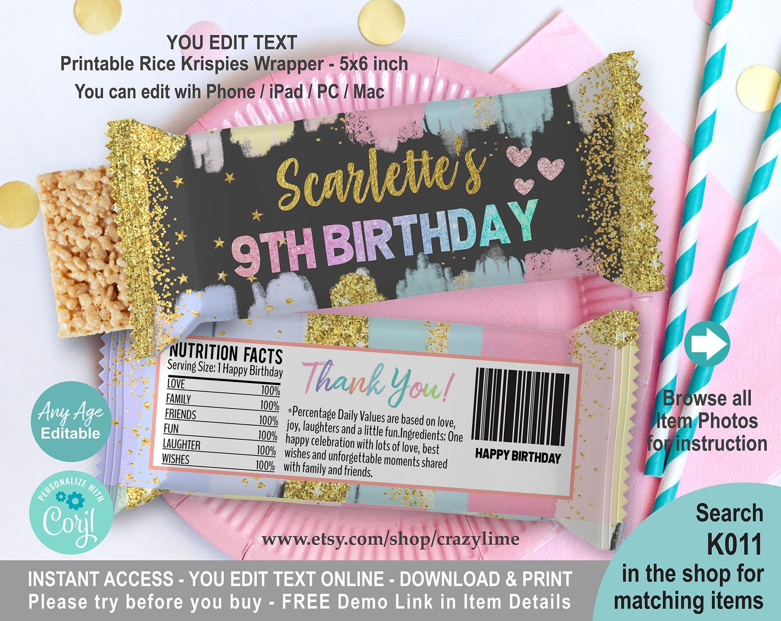 EDITABLE Girl Art Party Rice Krispies Treat Wrapper Template. - Etsy