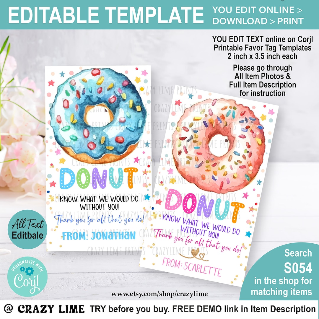 Donut Teacher Appreciation Gift Tag EDITABLE Template. Printable Donut ...