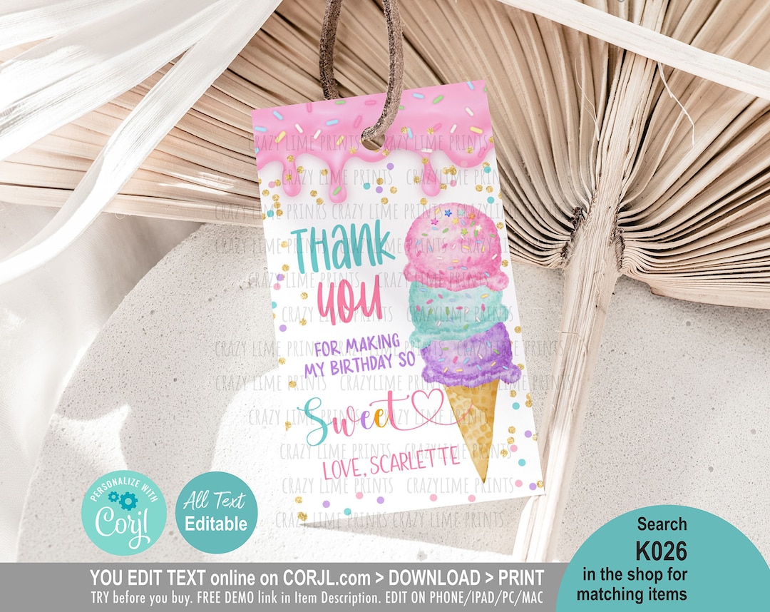 EDITABLE Icecream Favor Tag. Ice Cream Birthday Party Thank You Label ...