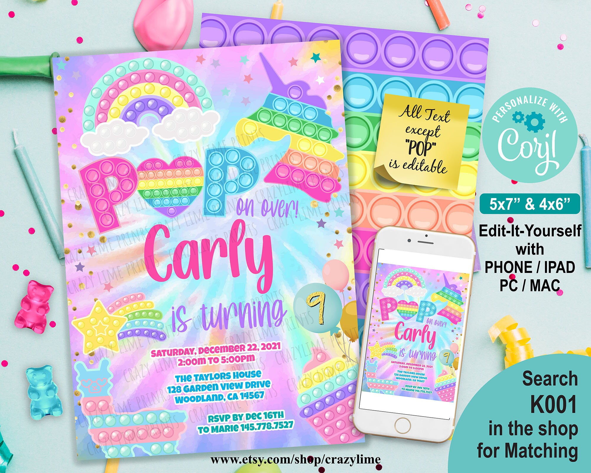 Editable Bubble Pop Toy Birthday Party Invitation. Rainbow Tie - Etsy
