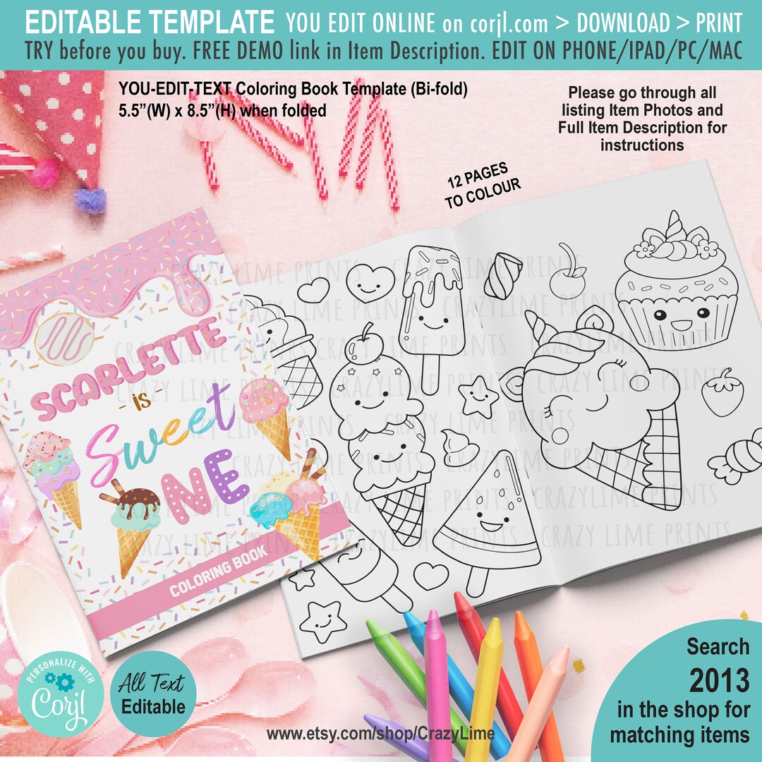 EDITABLE Icecream Sweet One 1st Birthday Party Coloring Book. 8.5 X 11 ...