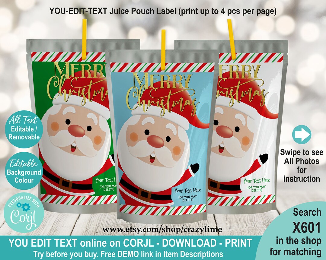 EDITABLE Santa Christmas Juice Pouch Label. Printable Cute - Etsy