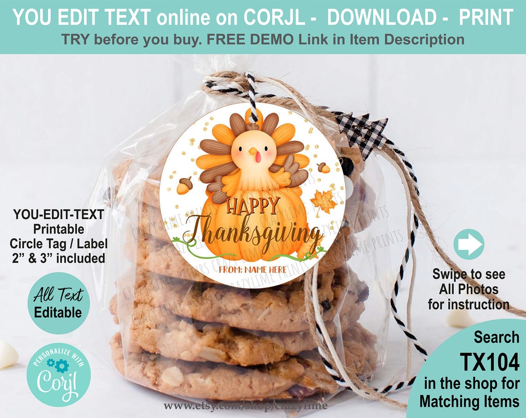 EDITABLE Thanksgiving Gift Tag. Personalised Cute Turkey Round Label. 2 ...