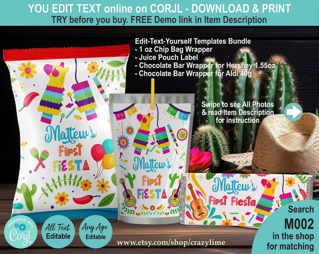 EDITABLE Fiesta First 1st Birthday Party Favors Bundle Set of 3 ...