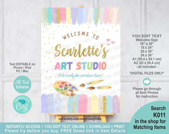 Pastel Girl Art Party Welcome Sign Editable Template. Rainbow - Etsy