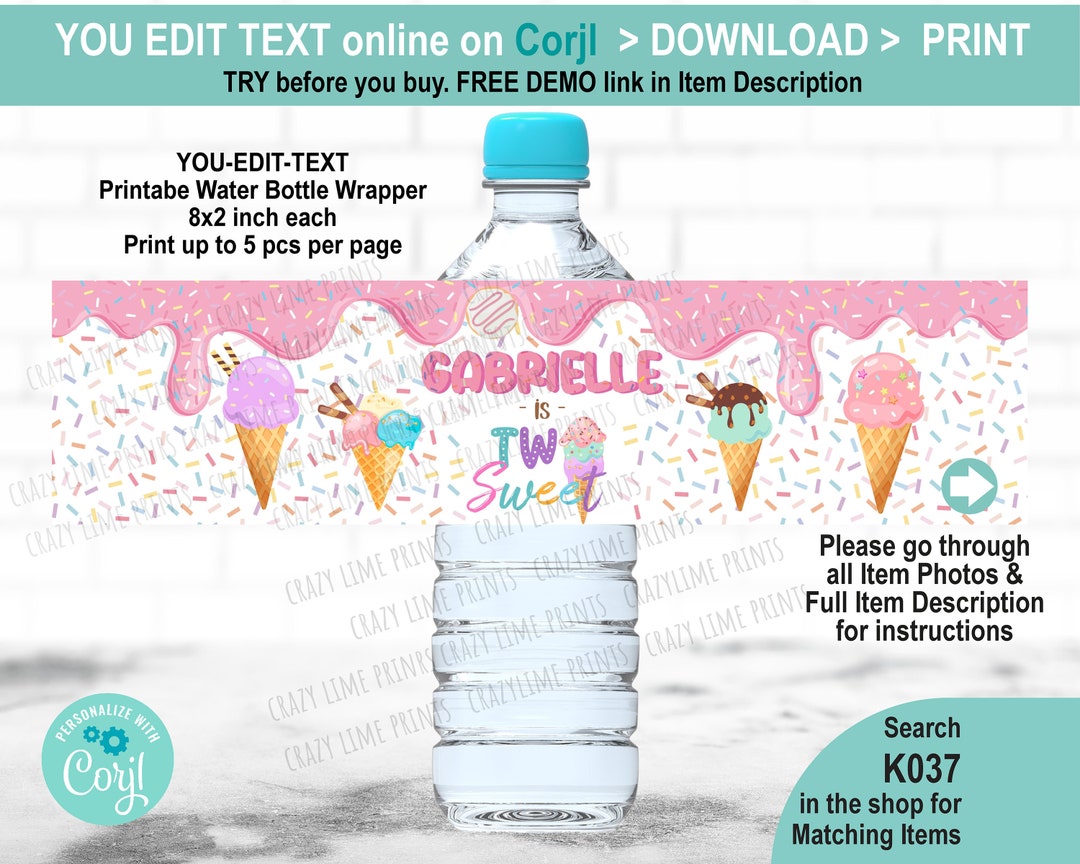 EDITABLE Ice Cream Two Sweet 2nd Birthday Water Bottle Label Template ...