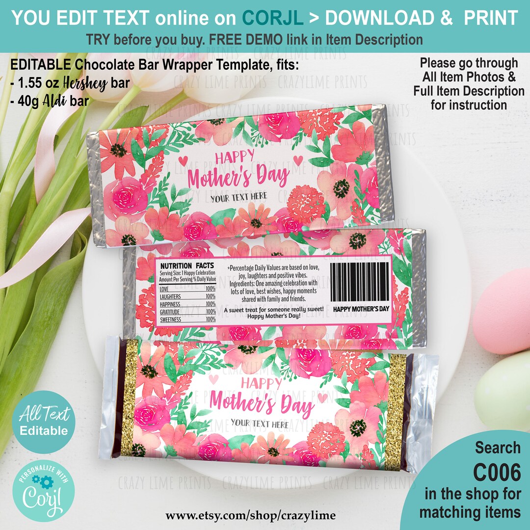 EDITABLE Happy Mother's Day Candy Bar Wrapper Template. Floral Party ...
