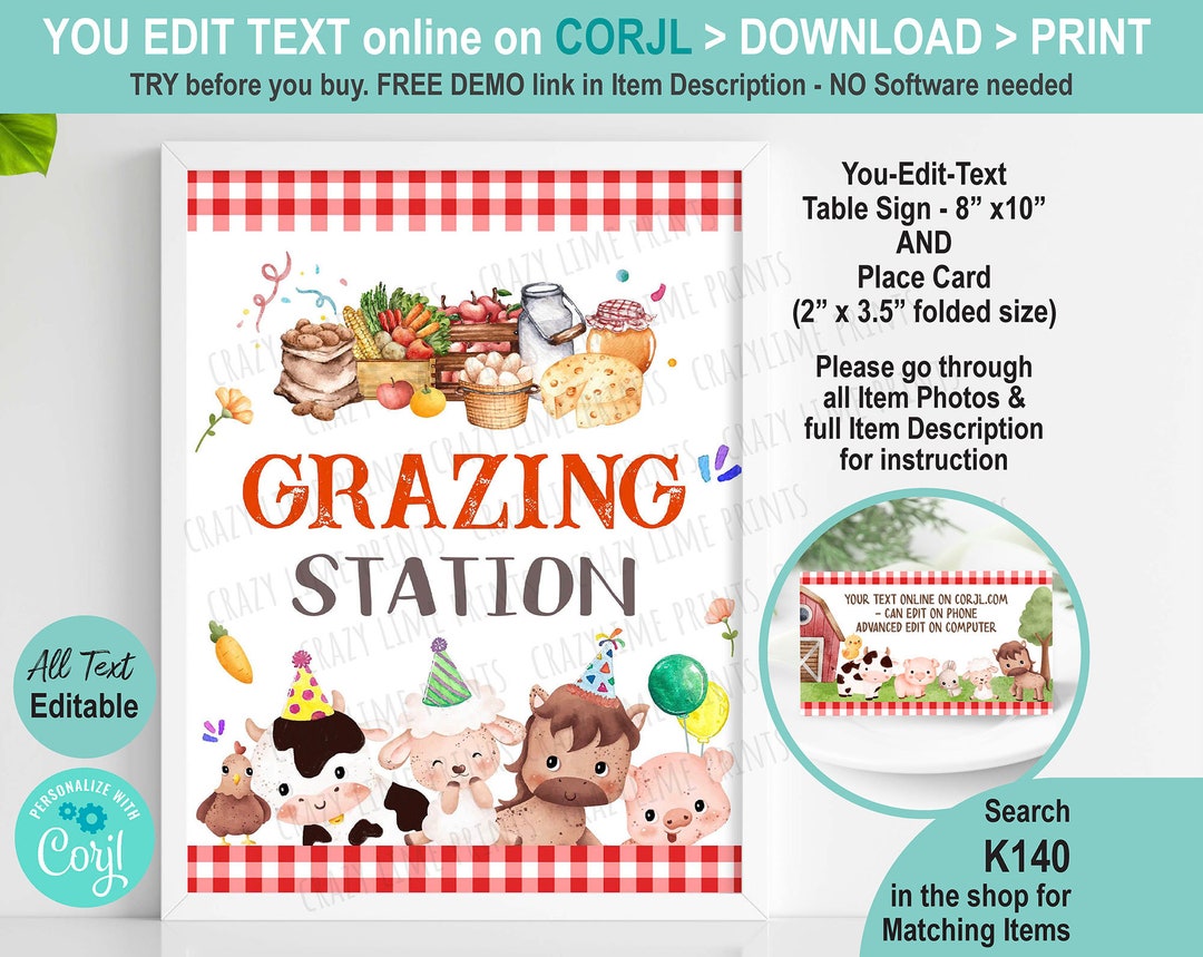 EDITABLE Farm Animals Party Food Table Sign and Place Card. Set of 2 ...