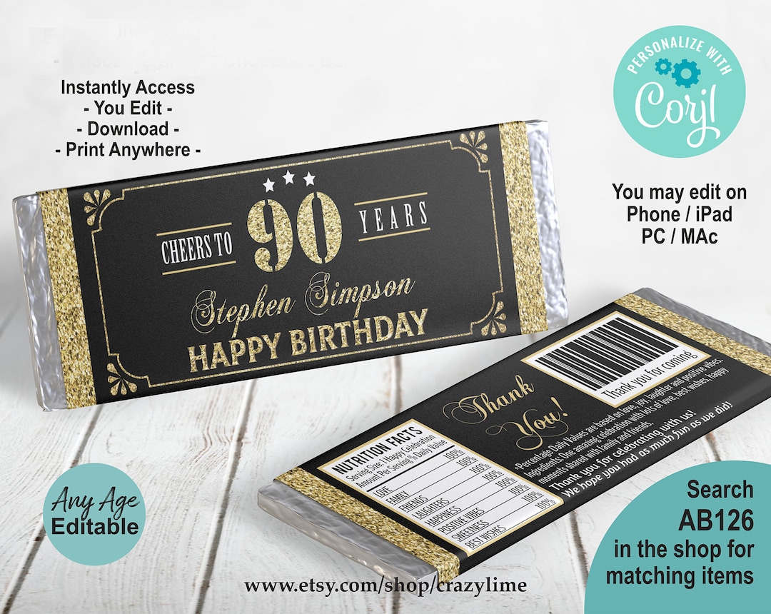 EDITABLE 90th Birthday Chocolate Candy Bar Wrapper Personalised ...