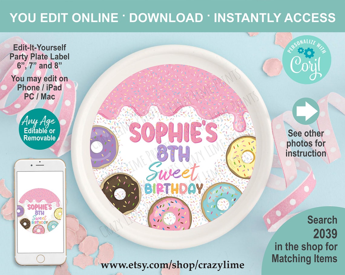 Editable Donut Birthday Party Plate Label Template. Printable - Etsy