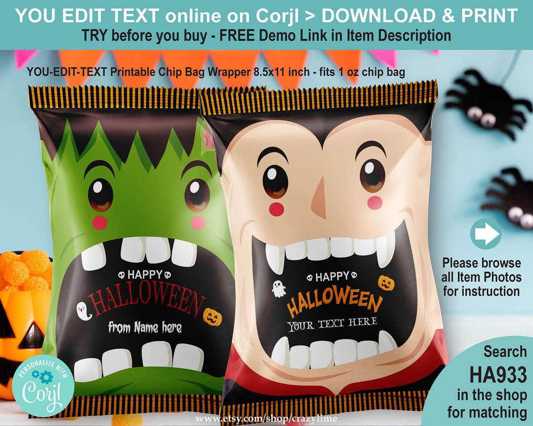 EDITABLE Halloween Chip Bag Template. Personalised Name Kid Party ...