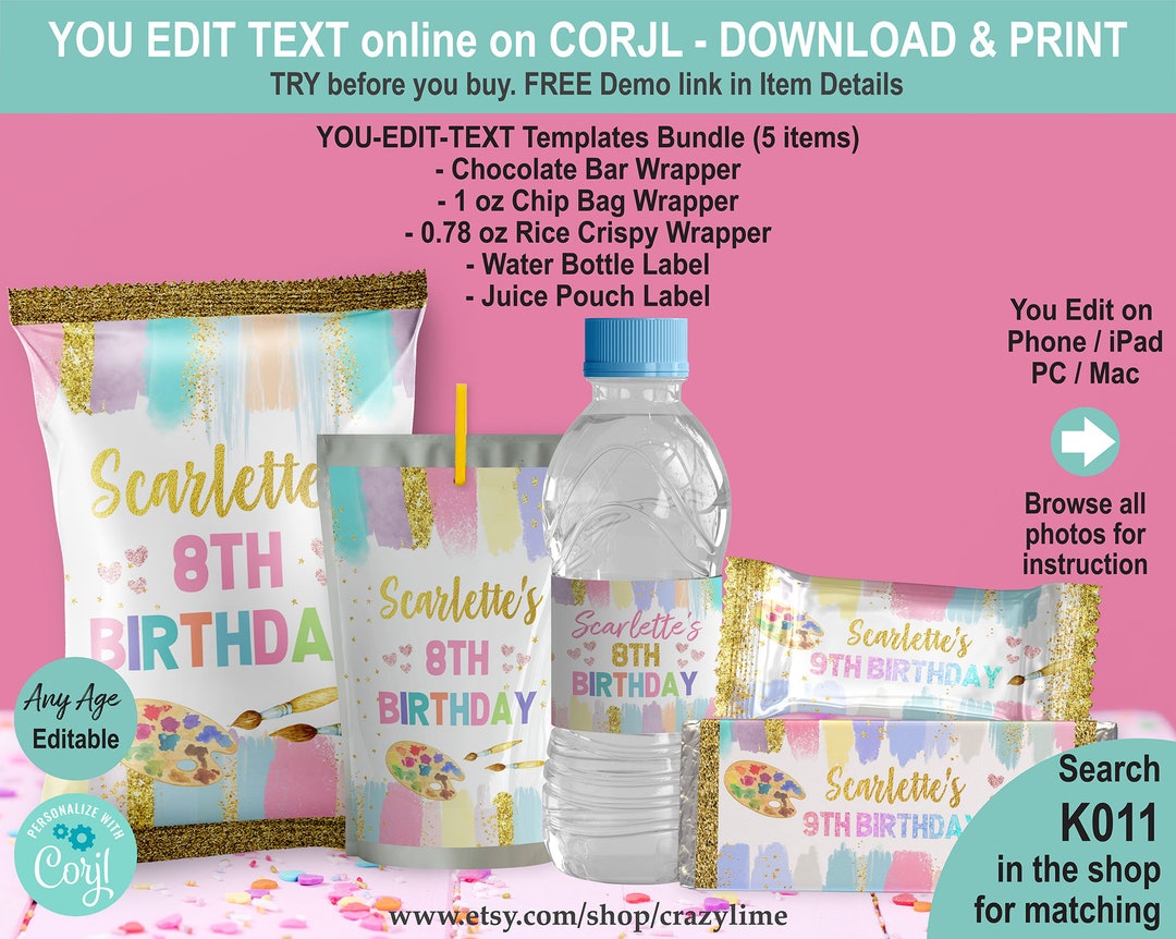 EDITABLE Pastel Art Birthday Party Favors Bundle. Set of 5 Templates ...