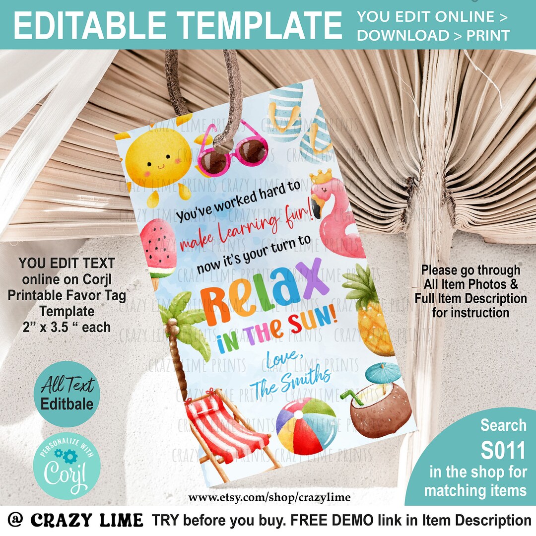Summer Teacher Appreciation Gift Tag EDITABLE Template. Printable Your ...