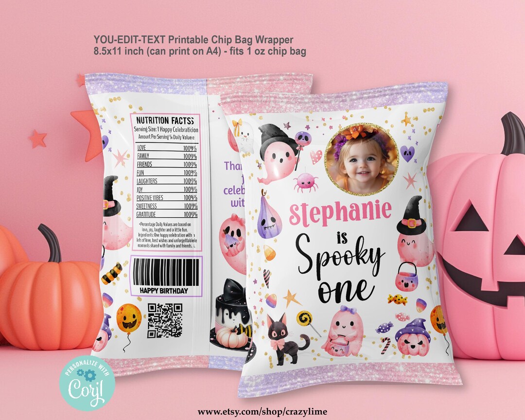 EDITABLE Spooky ONE 1st Birthday Party Chip Bag Wrapper. Pink Girl ...