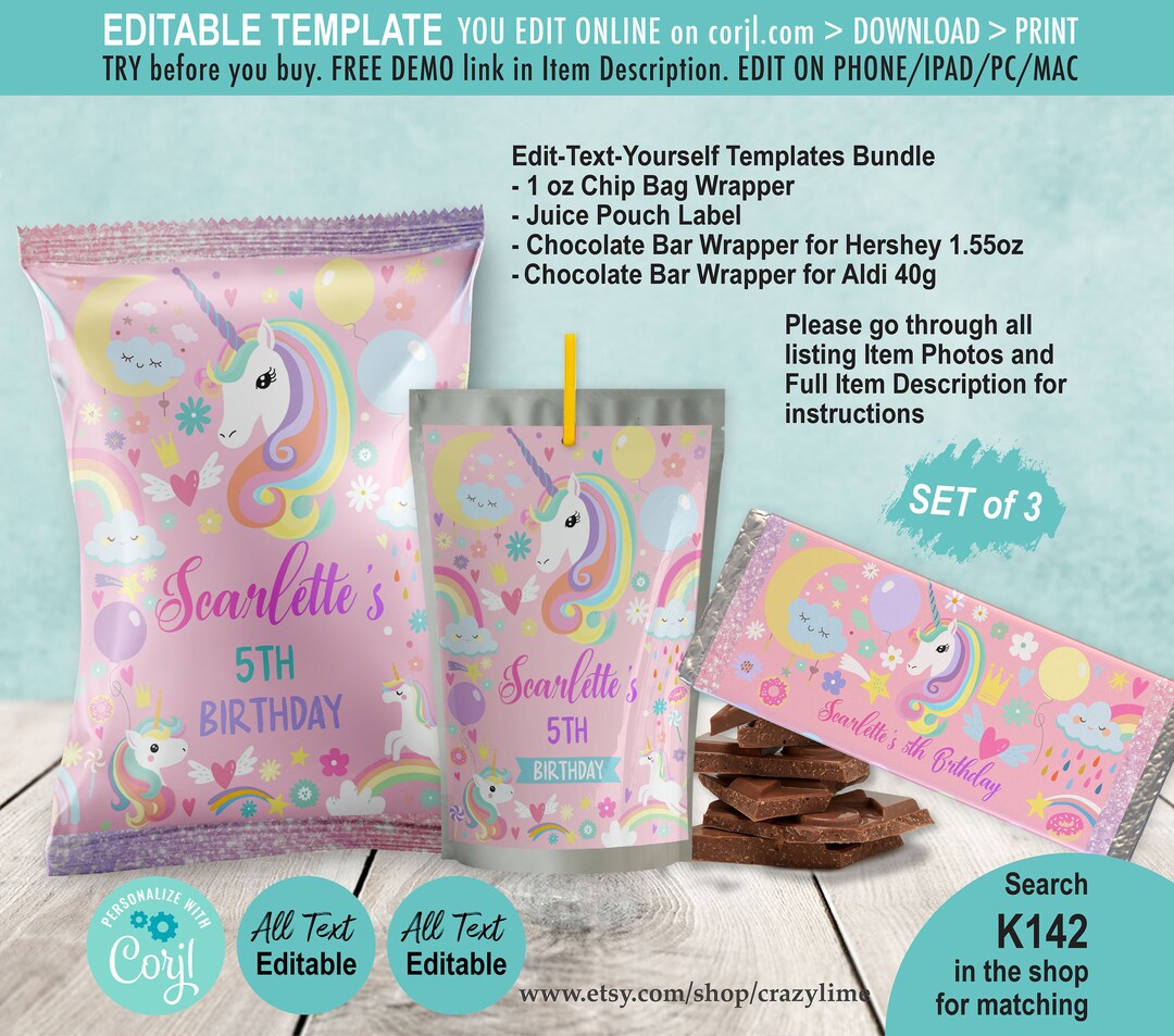 EDITABLE Unicorn Birthday Party Favors Bundle Set of 3 Templates. Chip ...