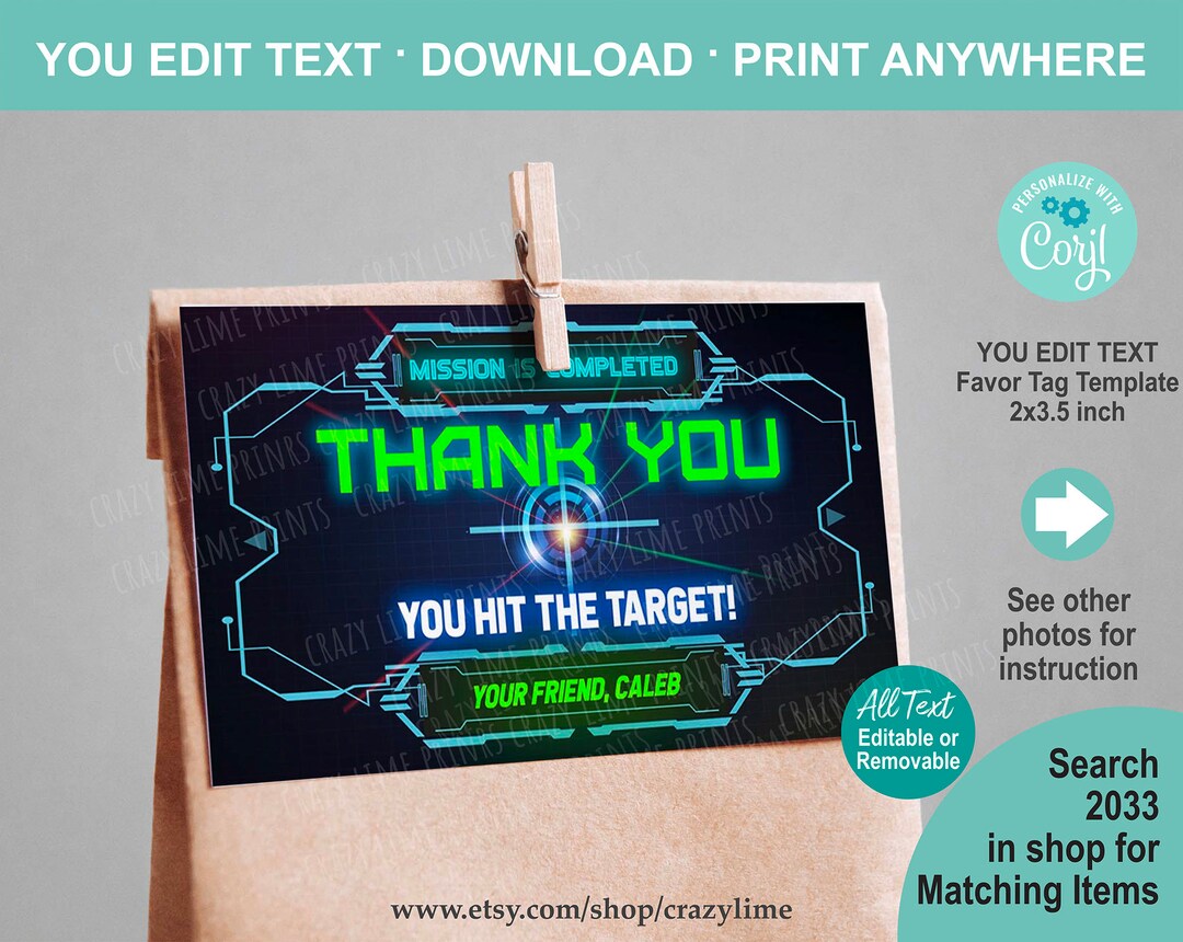 Laser Tag Party Favor Tag. Neon Blue Green Laser Tag Birthday Gift ...