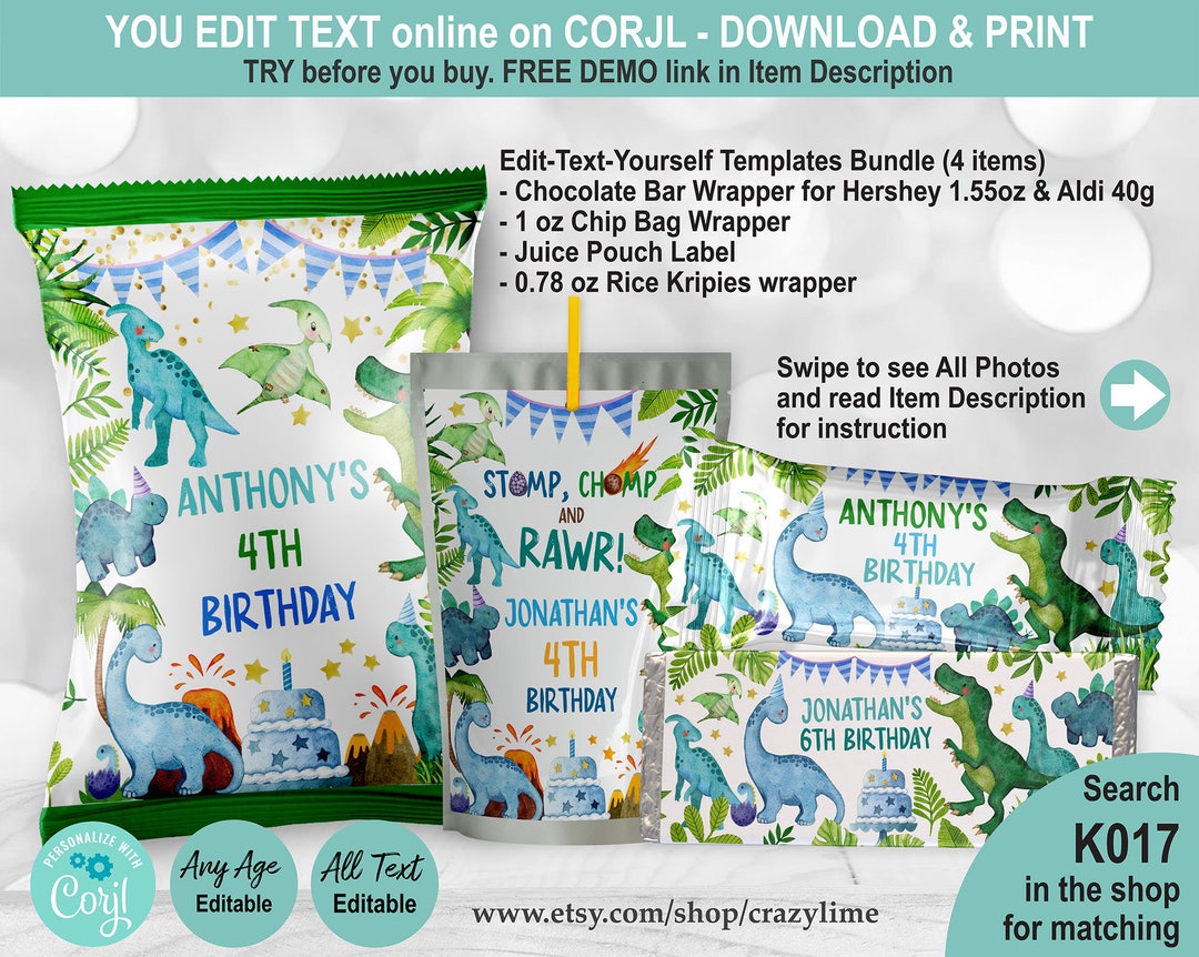 EDITABLE Dinosaur Birthday Party Favors Bundle Set of 4 Templates ...