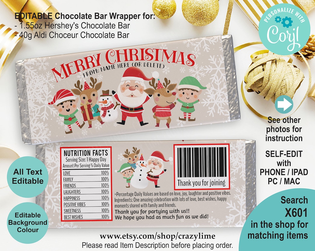 Christmas Chocolate Candy Bar Wrapper Personalised Editable Template. 1 ...