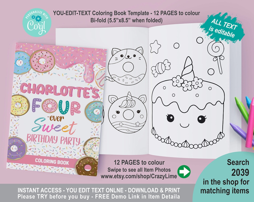 EDITABLE Donut Fourever Sweet Coloring Book. 8.5 X 11 Inch (5.5 X 8.5 ...