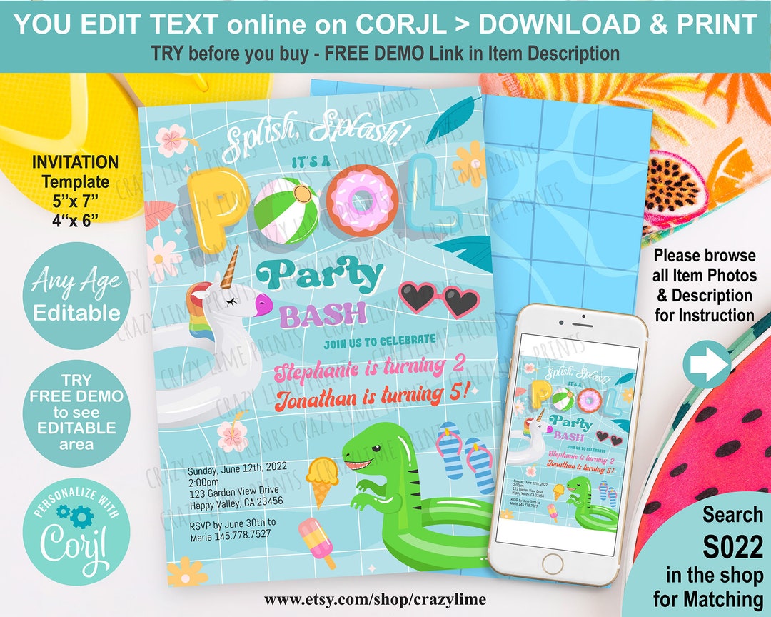 Editable Unicorn Dinosaur Pool Party Birthday Party Invitation. Groovy ...