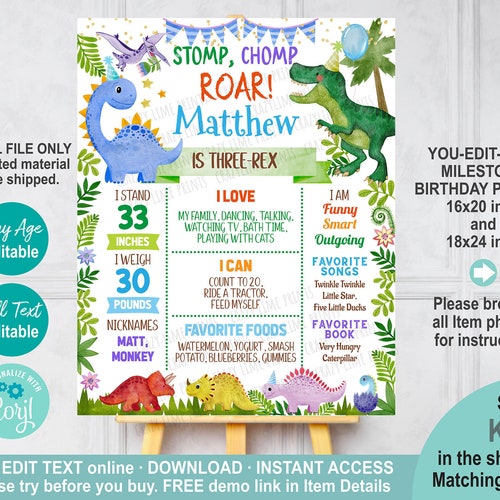 Dinosaur Milestone Birthday Poster EDITABLE Dinosaur First - Etsy