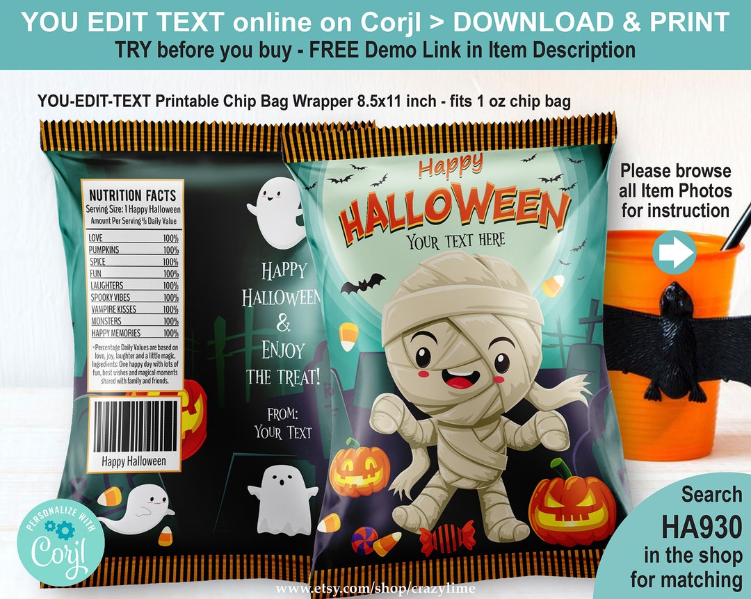 Halloween Chip Bag Template. EDITABLE Name Text Kid Party Favors Crisp ...