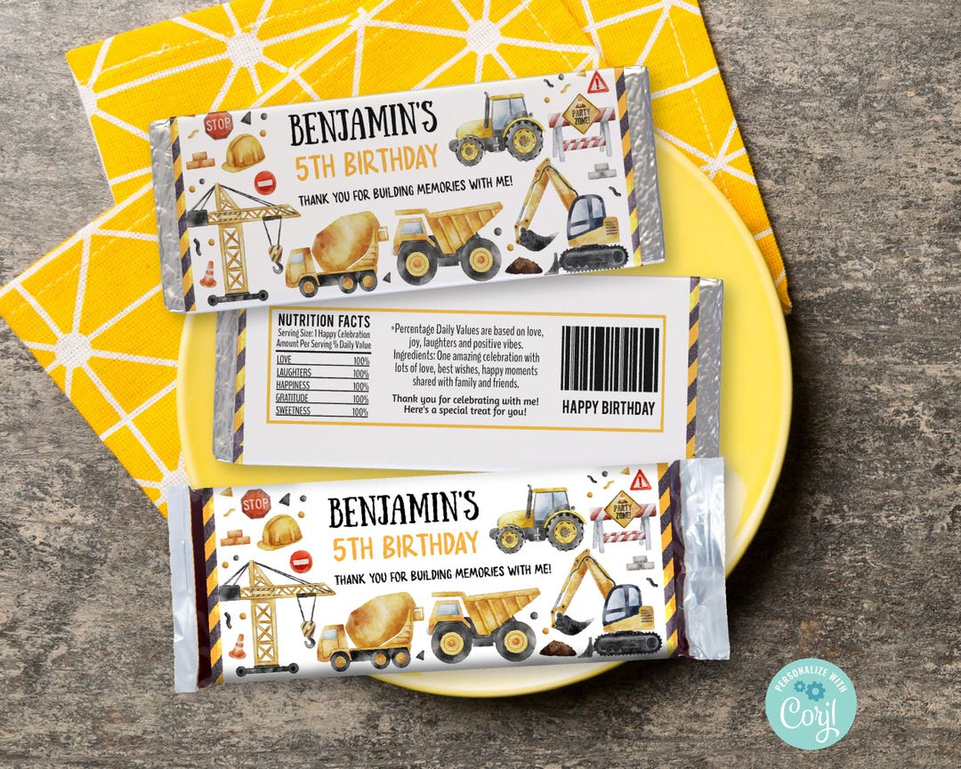 Construction Party Chocolate Candy Bar Wrapper. Kid Boy Birthday Party ...