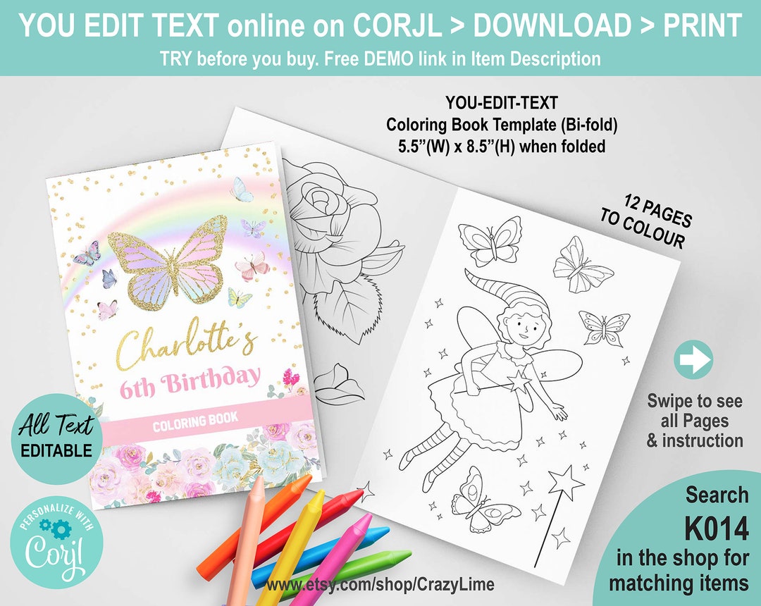 EDITABLE Butterfly Coloring Book. Girl Birthday Party Favor Booklet ...