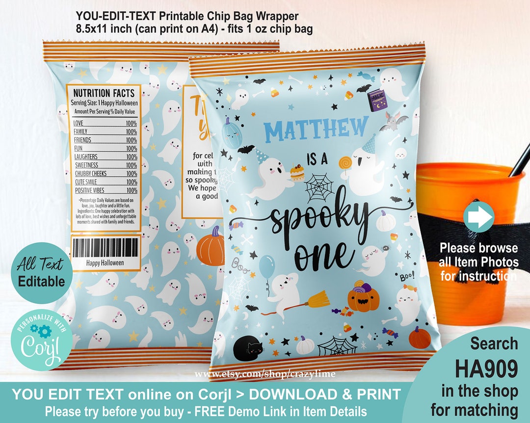 EDITABLE Spooky One Halloween 1st Birthday Chip Bag Template. Blue Boy ...
