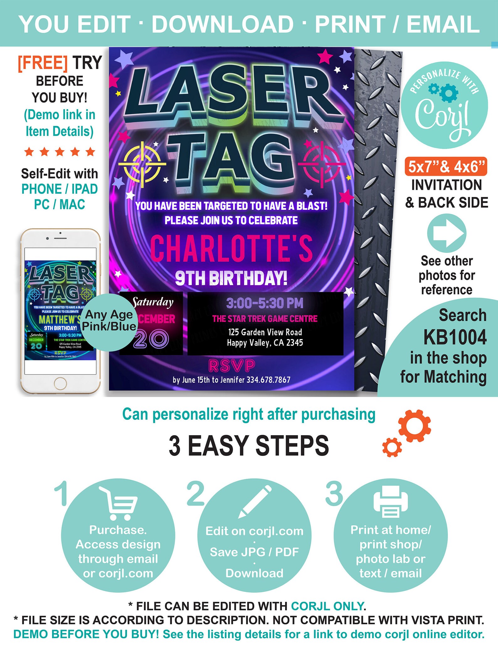 EDITABLE Laser Tag Girl Birthday Invitation Template. - Etsy